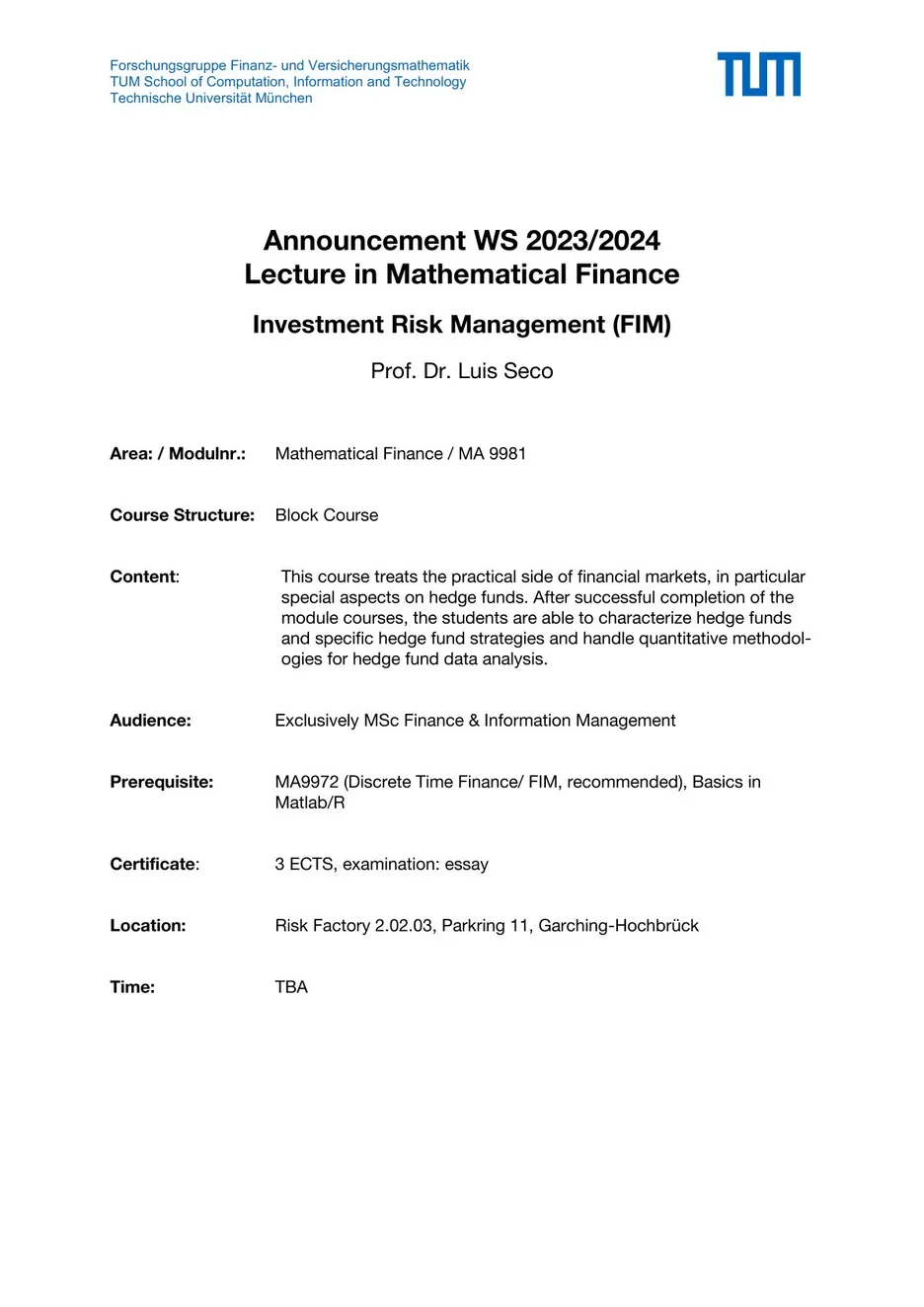 Investment Risk Management - Chair of Mathematical Finance